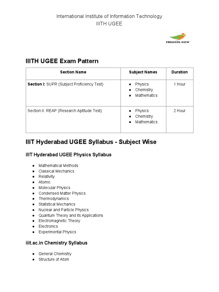 IIITH UGEE Exam Pattern | PDF