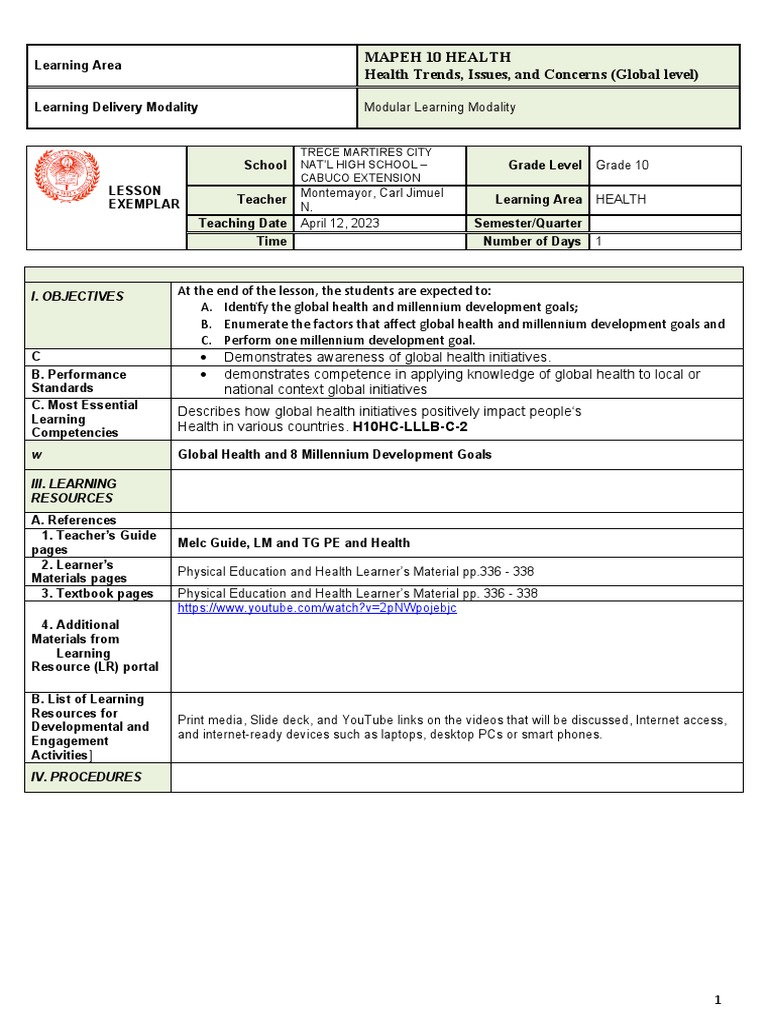 Mapeh 10 Health Health Trends, Issues, and Concerns (Global Level ...
