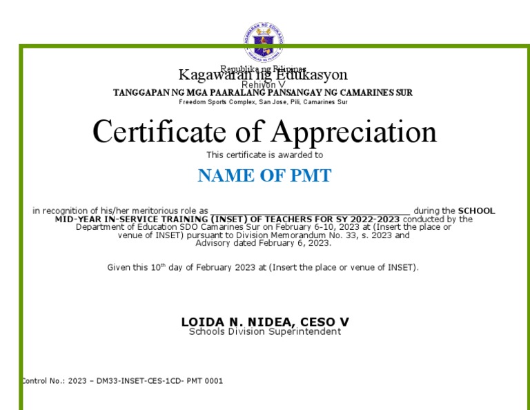 PMT Certificate of Appreciation 2023 | PDF