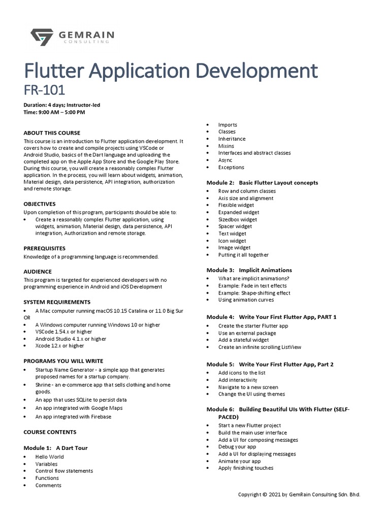 Flutter Training Course Outline 20230219 | PDF | Mobile App | Ios