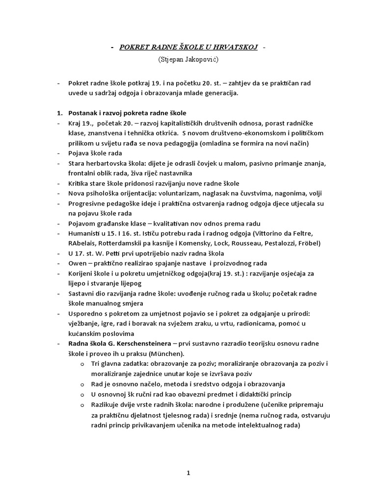 Jakopovic, S. - Pokret Radne Skole U Hrvatskoj - Skripta 2 | PDF