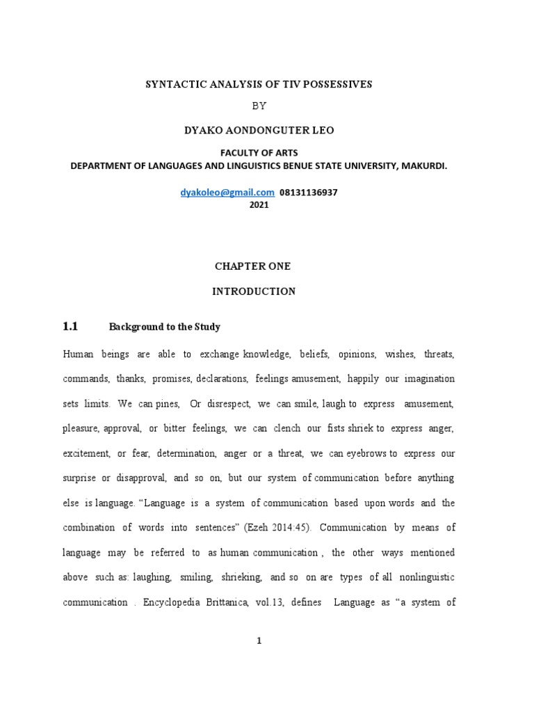 Syntactic Analysis of Tiv Possessives. by Dyako Aondonguter Leo | PDF | Part Of Speech | Pronoun