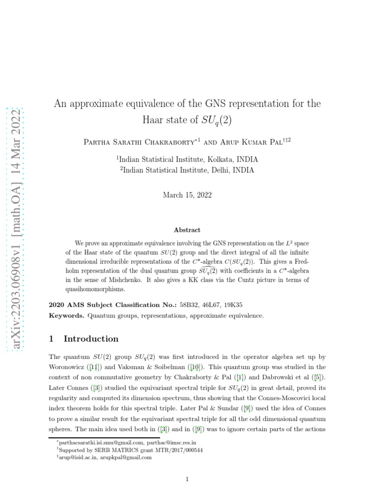 An Approximate Equivalence of The GNS Representation For The Haar State of SU p2q | PDF ...