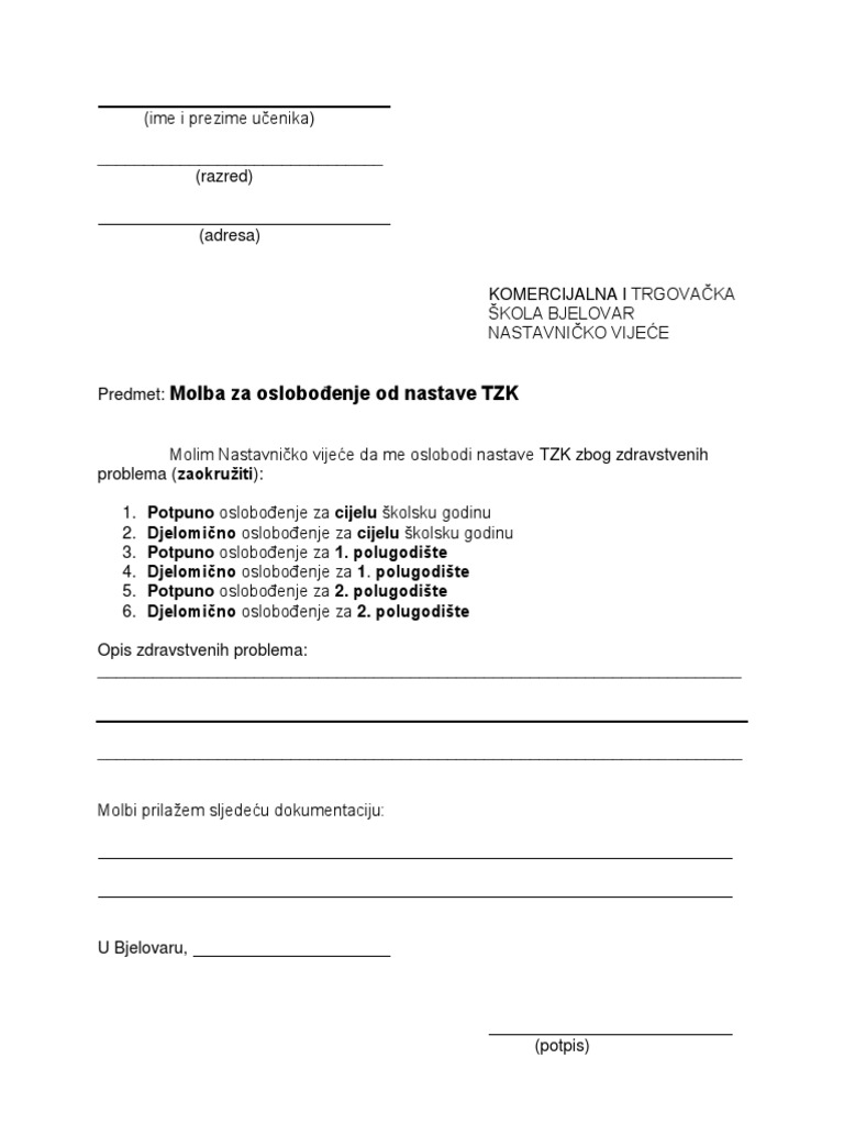 Molba Za Oslobođenje Od Nastave TZK: Zaokružiti) | PDF