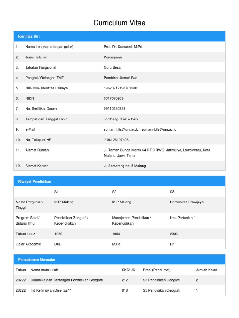 CV - Prof. Sumarmi | PDF | Sains & Matematika