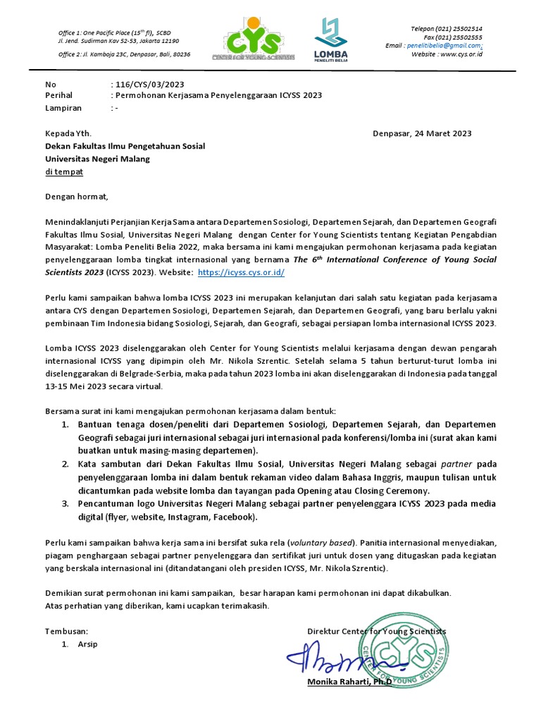 120 - Permohonan Kerjasama Lomba ICYSS 2023 - UM | PDF