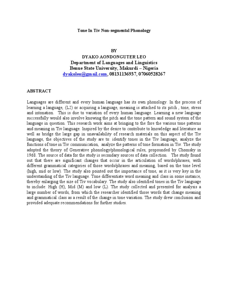 Tone in Tiv Non-Segmental Phonology. by Dyako Aondonguter Leo | PDF ...