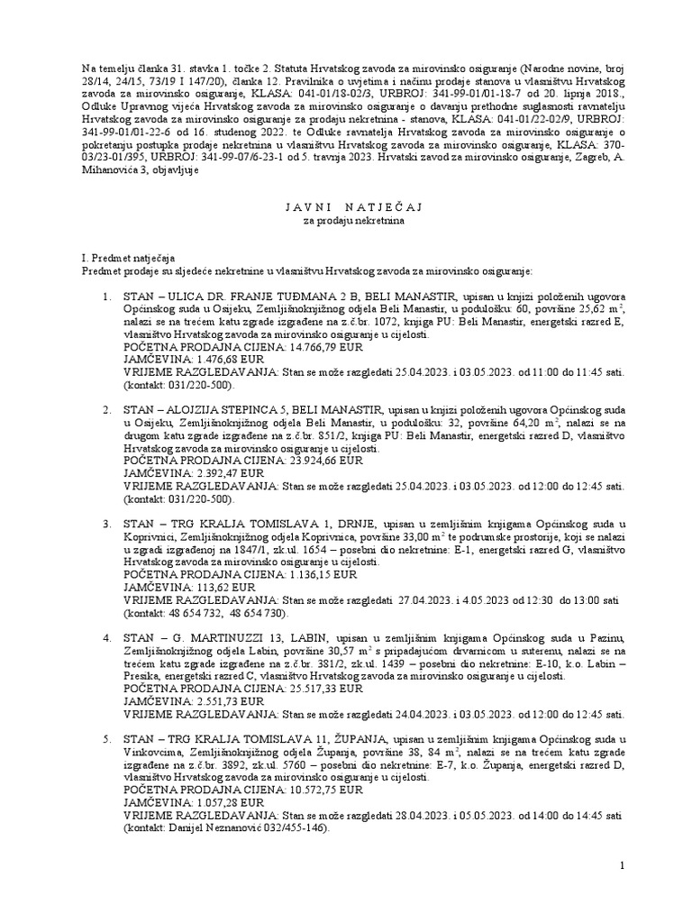 19 Javni Natjecaj Za Prodaju Nekretnina 11 04 2023 | PDF