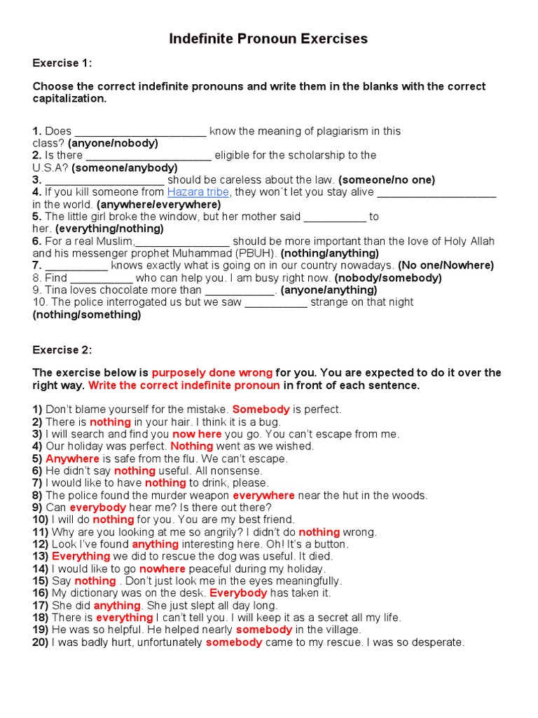 Indefinite Pronoun Exercises | PDF