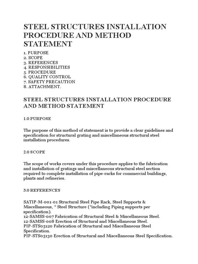 Steel Structures Installation Procedure and Method Statement | PDF | Structural Steel ...