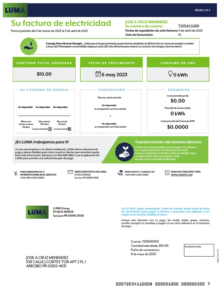 Su Factura de Electricidad: $10.00 6 May 2023 0 KWH | PDF | Factura ...