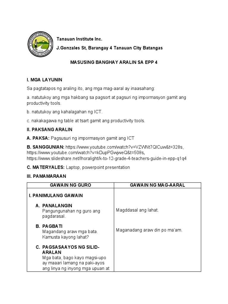 Masusing Banghay Aralin Sa Epp 4 | PDF