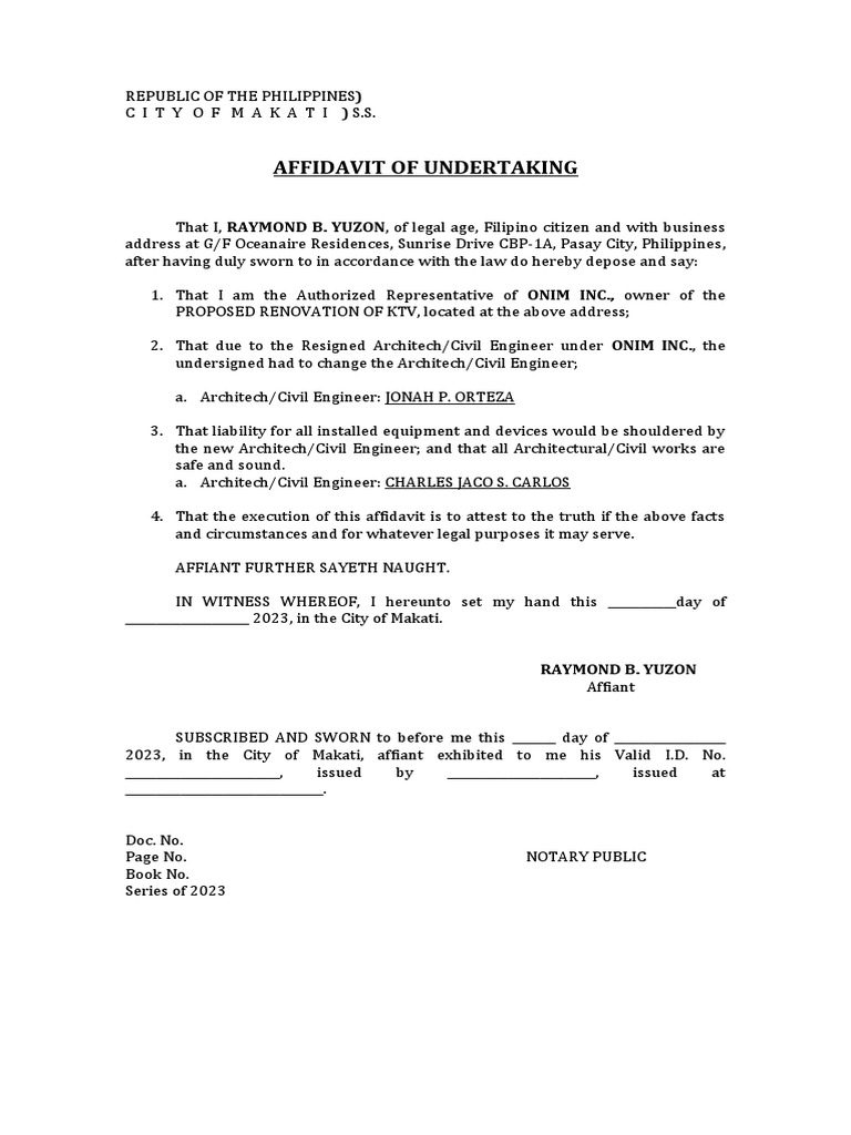 Affidavit of Change of Engineer Arch Civil Structural | PDF