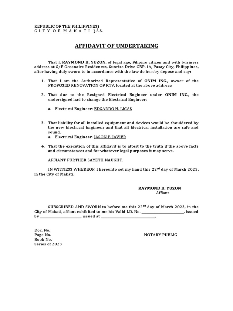 Affidavit of Change of Engineer Electrical Constructual | PDF