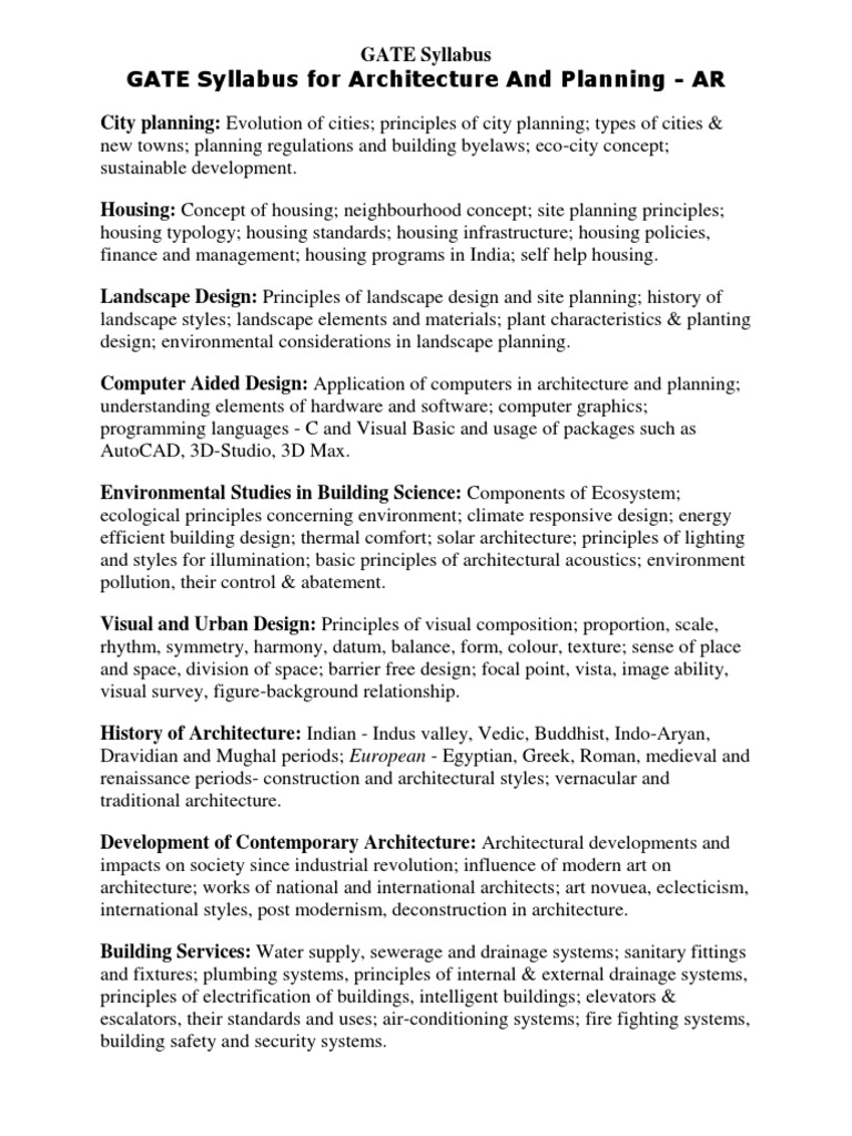 GATE Architecture and Planning Syllabus | PDF | Landscape | Transport
