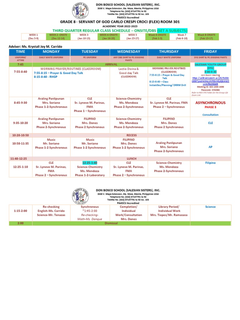 Third Quarter Regular Class Schedule - Onsite/Dbs (Set A Subjects ...