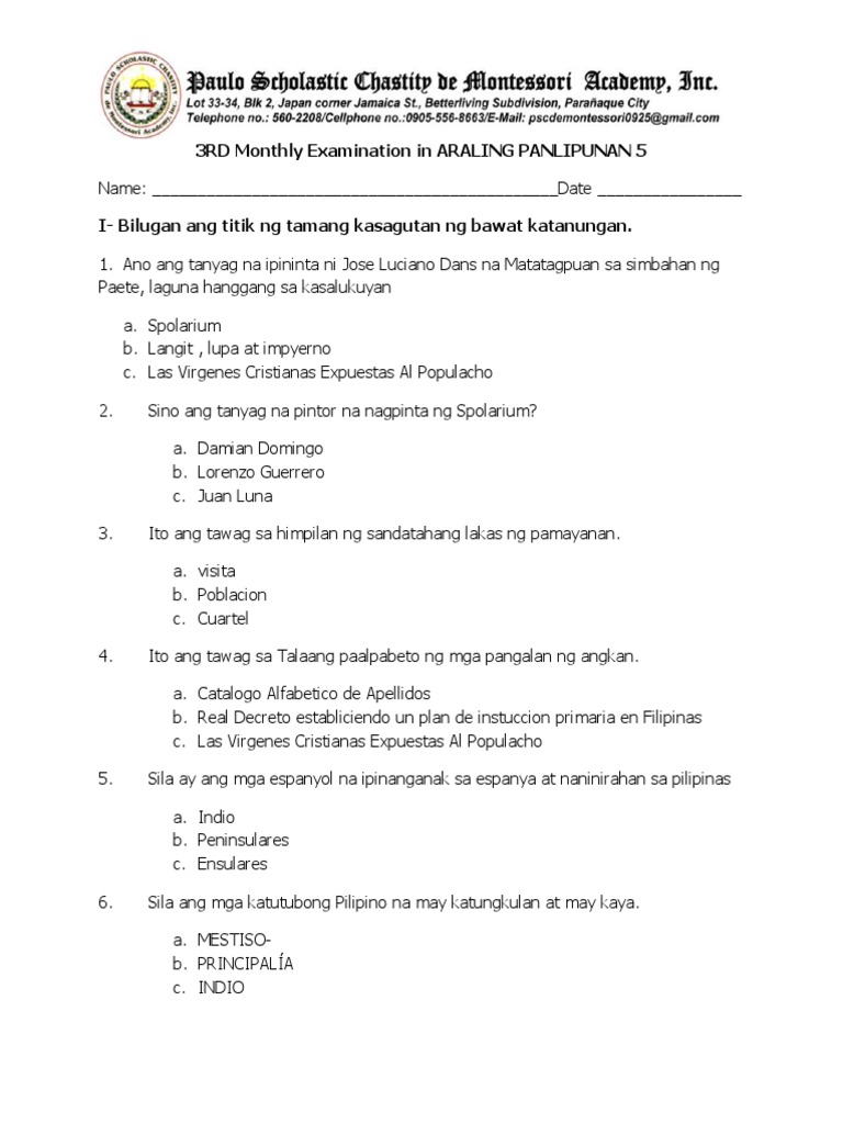 3RD Mastery Examination in ARALING PANLIPUNAN 5 | PDF