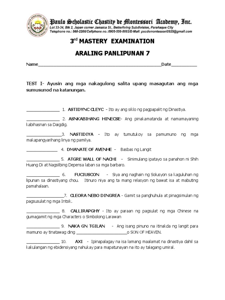 3RD Mastery Examination in ARALING PANLIPUNAN 7 | PDF