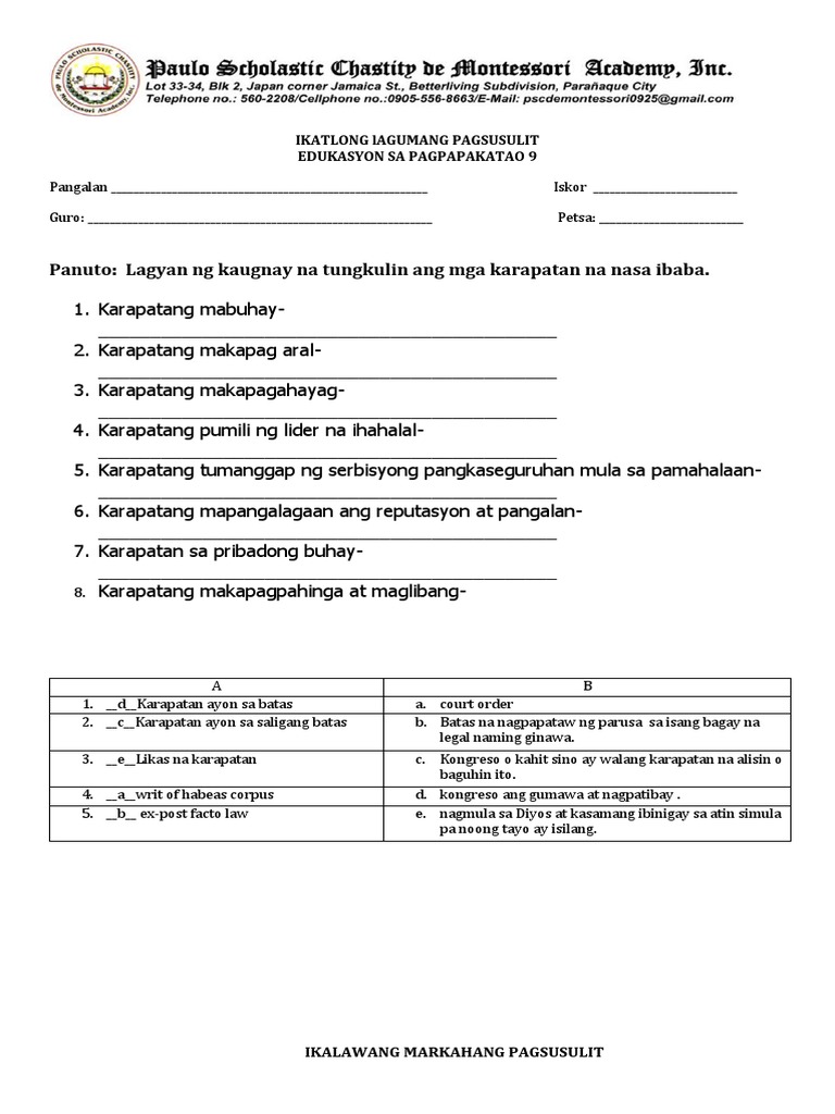 3RD Mastery Examination ESP 9 | PDF