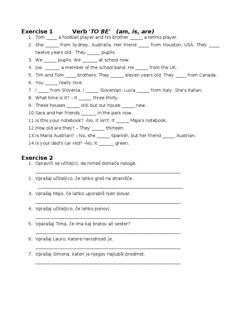 Exercise 1 Verb 'TO BE' (Am, Is, Are) | PDF
