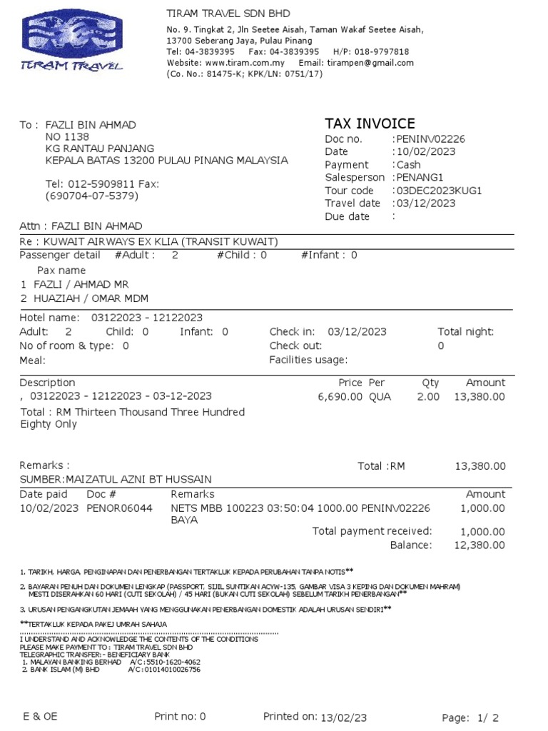 Travel Invoice for Kuwait Umrah Package | PDF