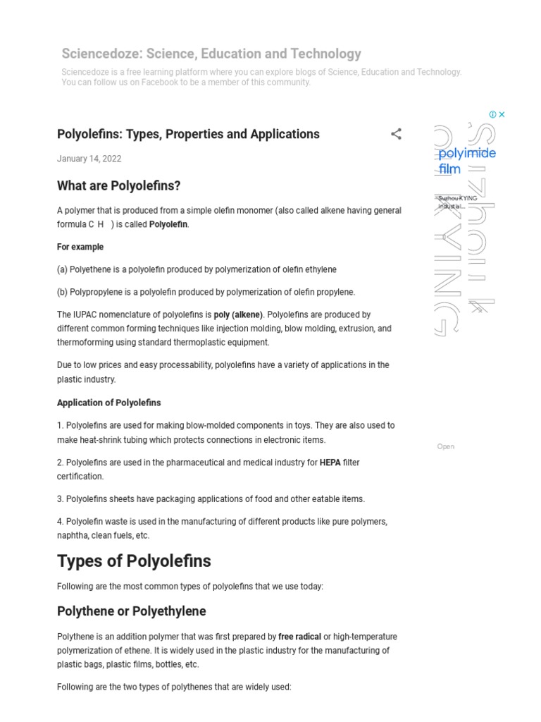 Polyolefins - Types, Properties and Applications | PDF | Polyethylene ...