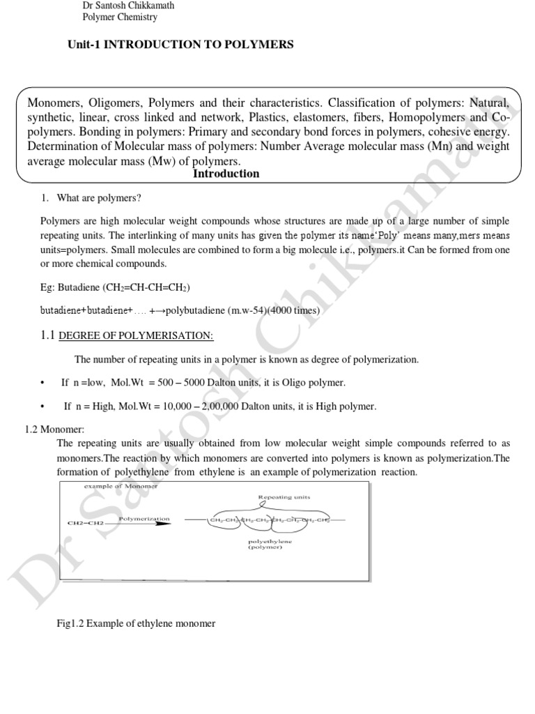 Unit-1 Introduction To Polymers | PDF | Polymers | Polymerization