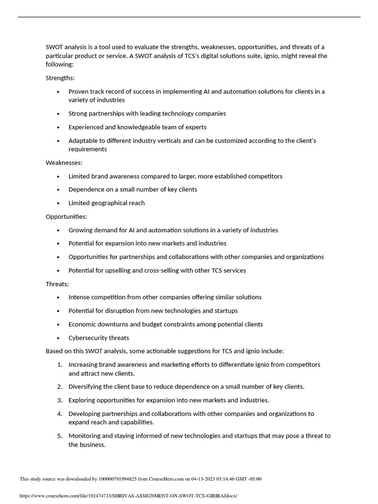 TCS ignio SWOT Insights | PDF | Swot Analysis | Computer Security