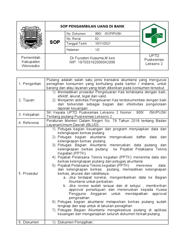 Sop Pengambilan Uang Di Bank: No. Dokumen: 900/ /SOP/PUSK No. Revisi ...