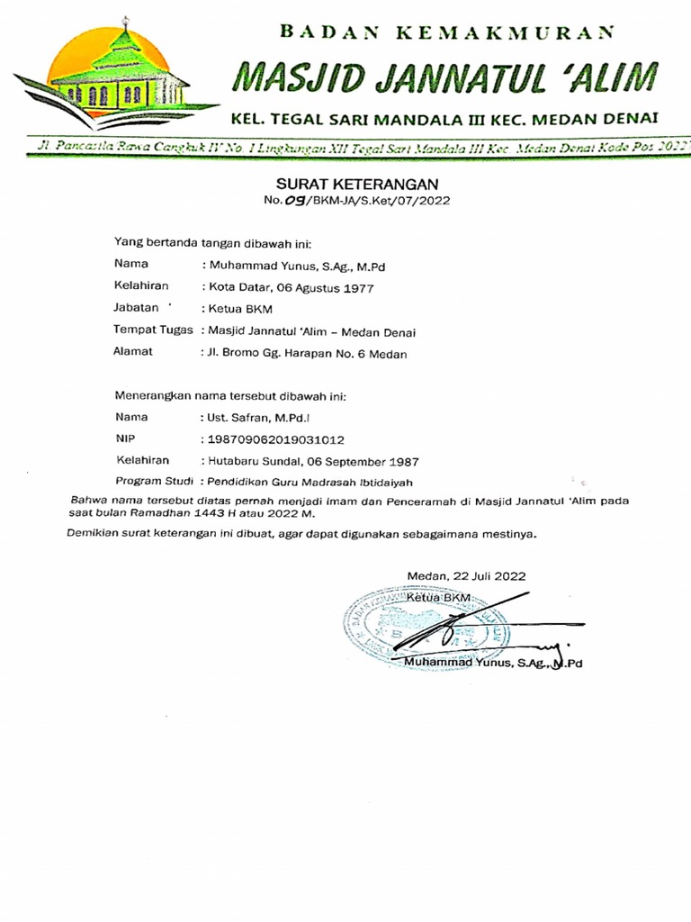 Surat Keterangan IMAM Tarawih - Masjid Jannatul Alim | PDF