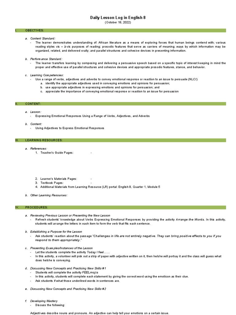 Daily Lesson Log in English 8 | PDF | Learning | Emotions