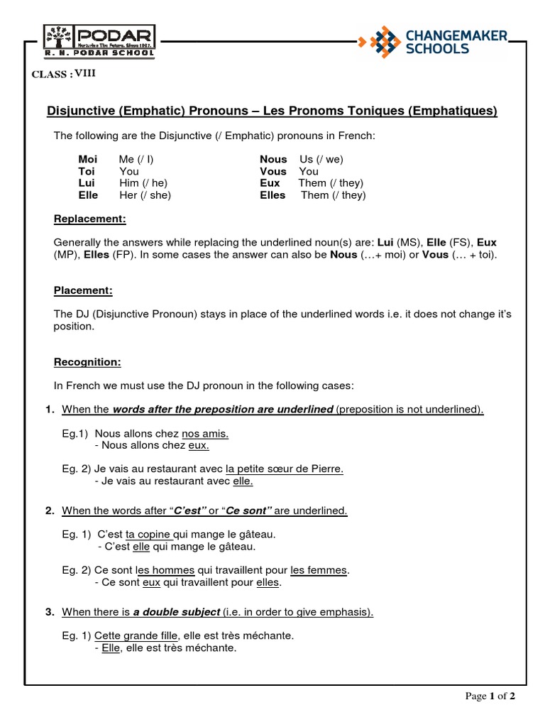 GC - Les Pronoms Toniques - Disjunctive Pronouns | PDF