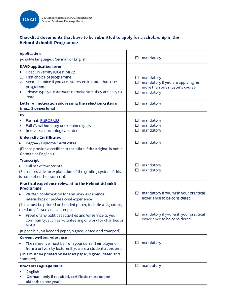 Helmut Schmidt Programme - Checklist | PDF | Academic Degree | Internship