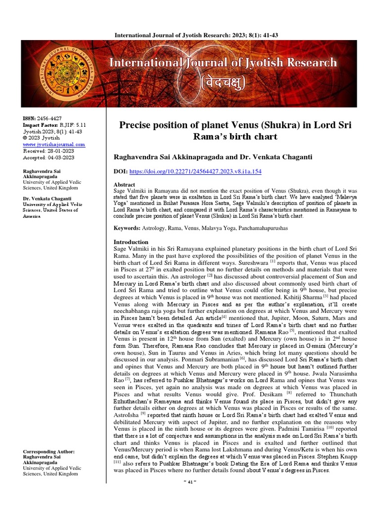 Precise Position of Planet Venus (Shukra) in Lord Sri Rama's Birth ...