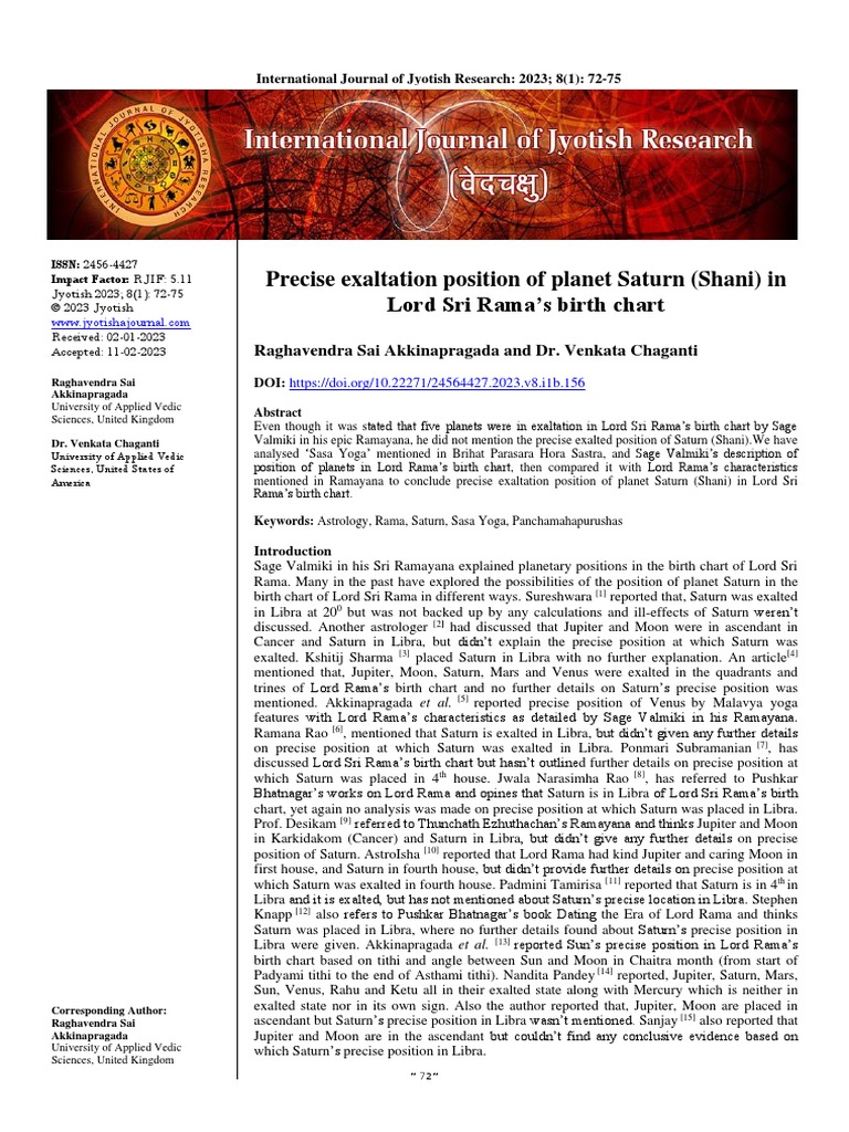 Precise Position of Planet Saturn (Shani) in Lord Sri Rama's Birth ...
