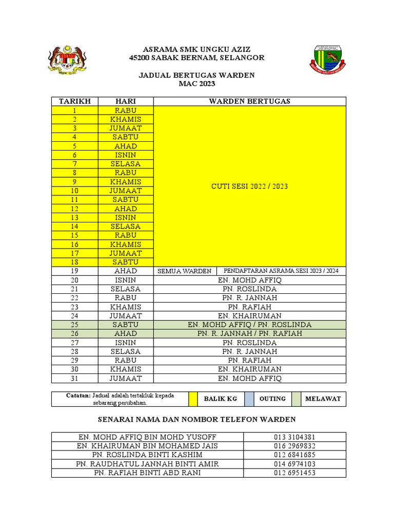 Asrama SMK Ungku Aziz 45200 Sabak Bernam, Selangor Jadual Bertugas Warden MAC 2023 Tarikh Hari ...