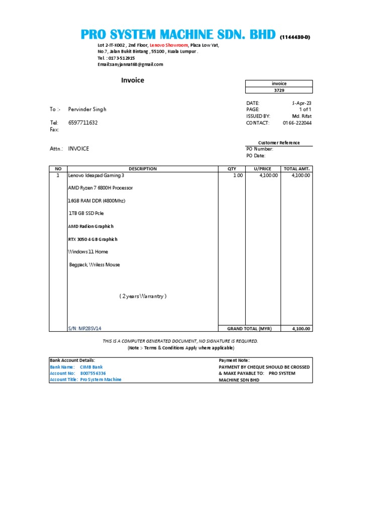 Pro System Machine Sdn. BHD: Invoice | PDF | Computing | Computer Hardware