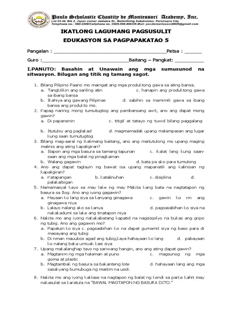 3rd Mastery Examination in ESP 5 | PDF