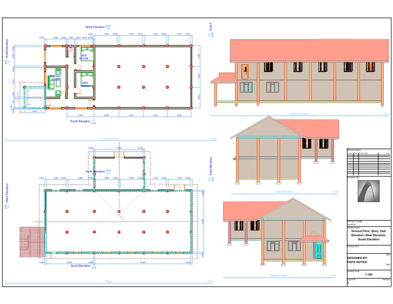 Elevation drawings of a church showing the ground floor plan and views of the east, west and ...