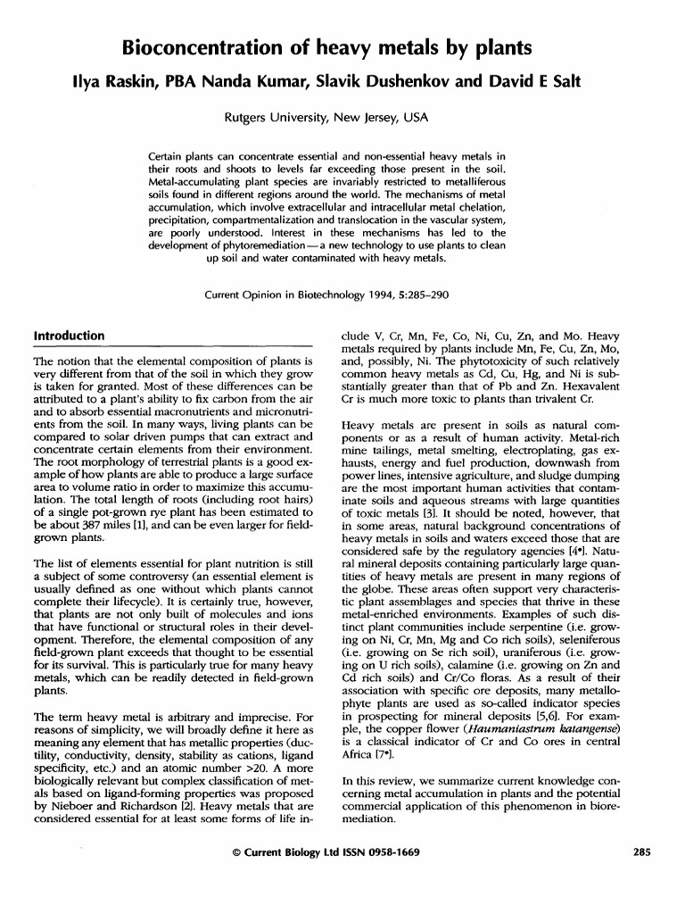 Bioconcentration of Heavy Metals by Plants: Ilya Raskin, PBA Nanda Kumar, Slavik Dushenkov and ...