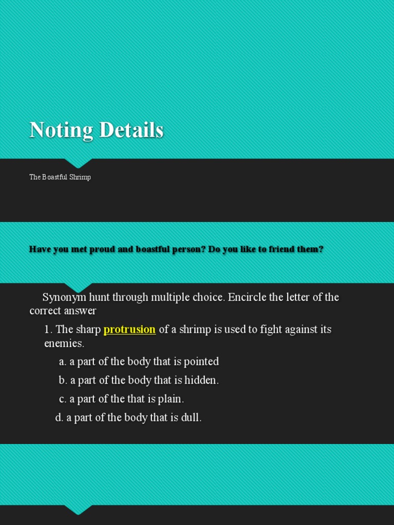 Grade 6 PPT - Q3 - W3 - Noting Details The Boastful Shrimp | PDF