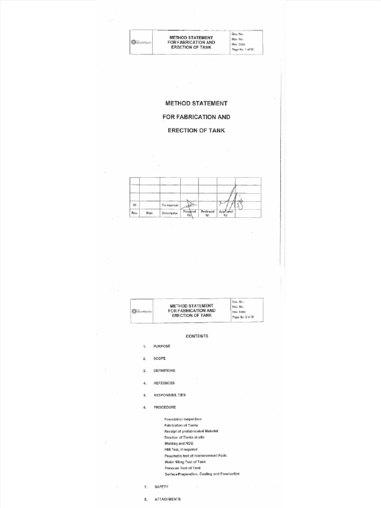 Method Statement For Fabrication and Erection of Tanks | PDF