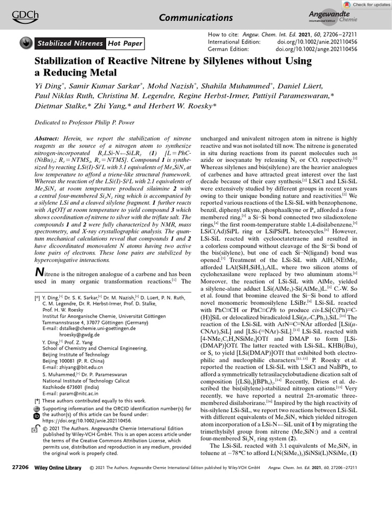 Angew Chem Int Ed - 2021 - Ding - Stabilization of Reactive Nitrene by Silylenes without Using a ...