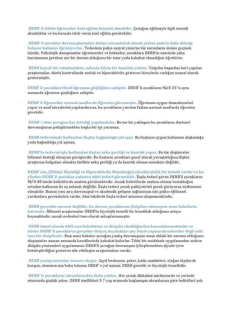 Dehb Doğru Bi̇li̇nen Yanlişlar | PDF