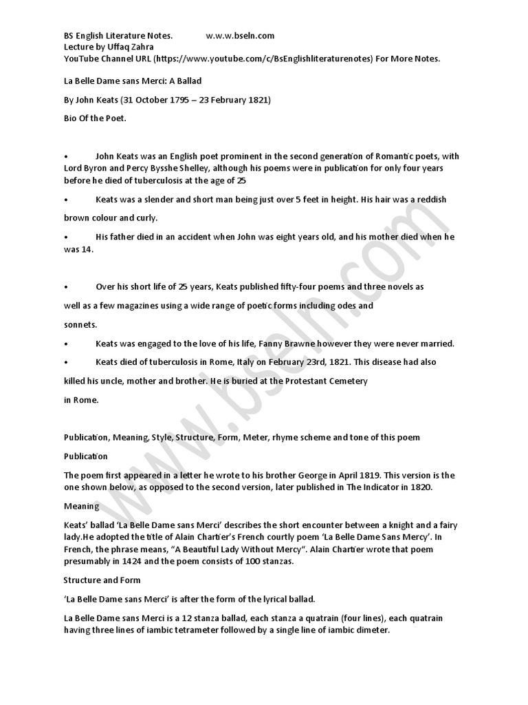 La Belle Dame Sans Merci | PDF | John Keats | Poetry