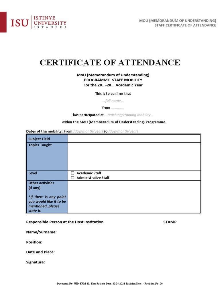 UİD-FRM-10 İkili İş Birliği Personel Katılım Sertifikası (Certificate of Attendance) | PDF
