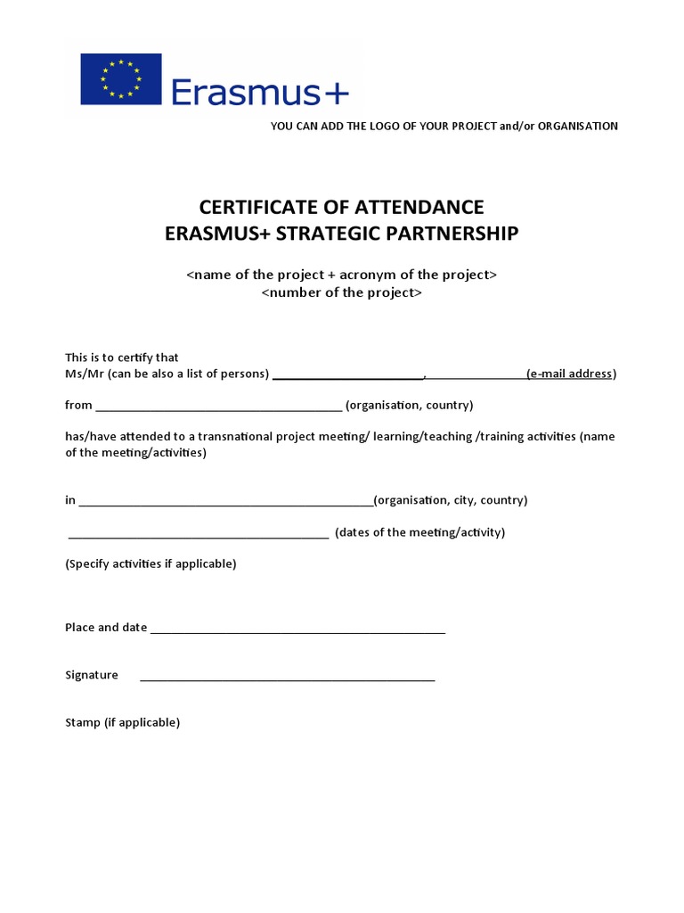Erasmus+ Certificate of Attendance Template | PDF | Business