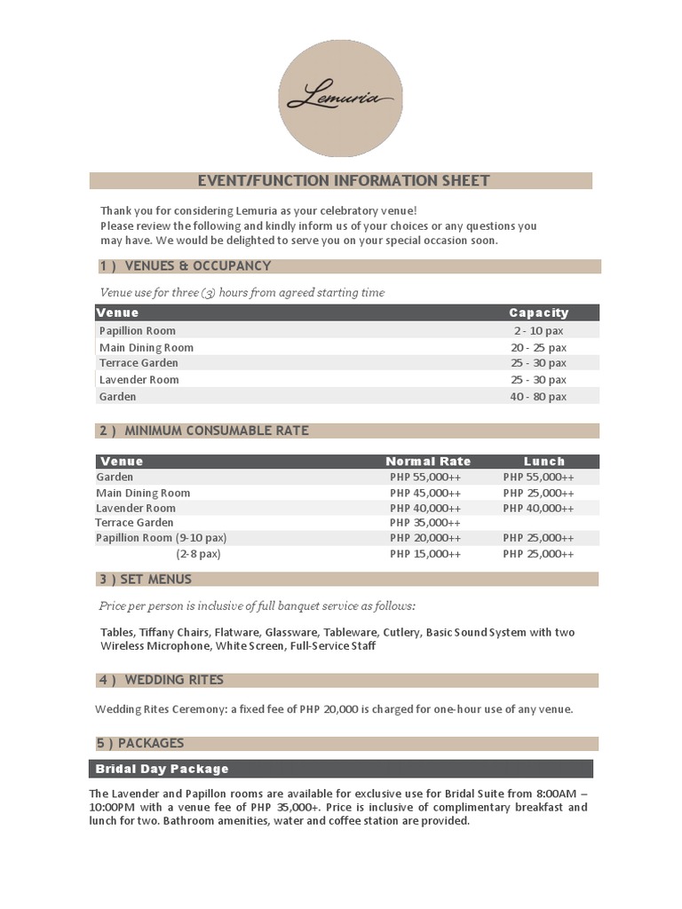 Event/Function Information Sheet: 1) Venues & Occupancy | PDF | Fee ...