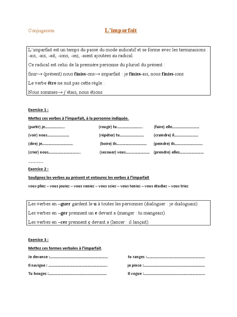 L'imparfait | PDF | Verbe | Syntaxe