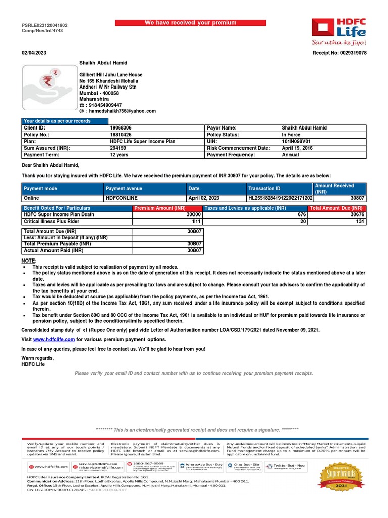 0 Receipt 0029319078 | PDF | Life Insurance | Insurance